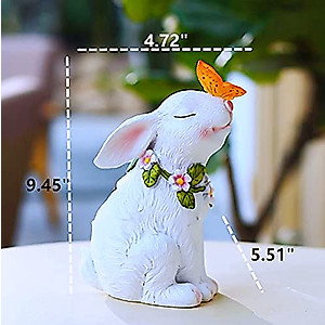 iRonrain Solar Garden Statues Rabbits with Butterfly Halloween Decoration Lights Sculpture, Solar Powered Outdoor Art Décor Bunny Figurine Ornament Resin Lights for Patio Lawn Front Yard (White)