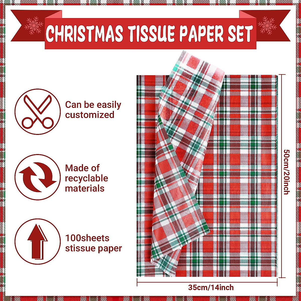 100 Sheets 20 * 14 Inches Christmas Buffalo Plaid Tissue Paper, Red Green White Tissue Paper for Gift Bags, Rustic Art Tissue Paper for Gift Wrapping for Xmas New Year Party DIY Craft