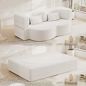 LITVZ Folding Sofa Bed Queen, Lazy Floor Sofa Couch with 8 Inch Folding Mattress, 2-in-1 Convertible Foam Compressed Sofa Fold Out Couch Bed for Adults (White)