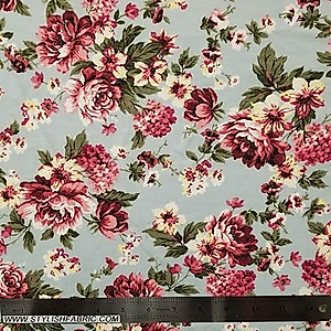 Stylish FABRIC Floral Pattern Printed on French Terry, 2-Way Stretch, Apparel Fabric, Home/DIY Projects, PALEBLUE-Rose 1 Yard