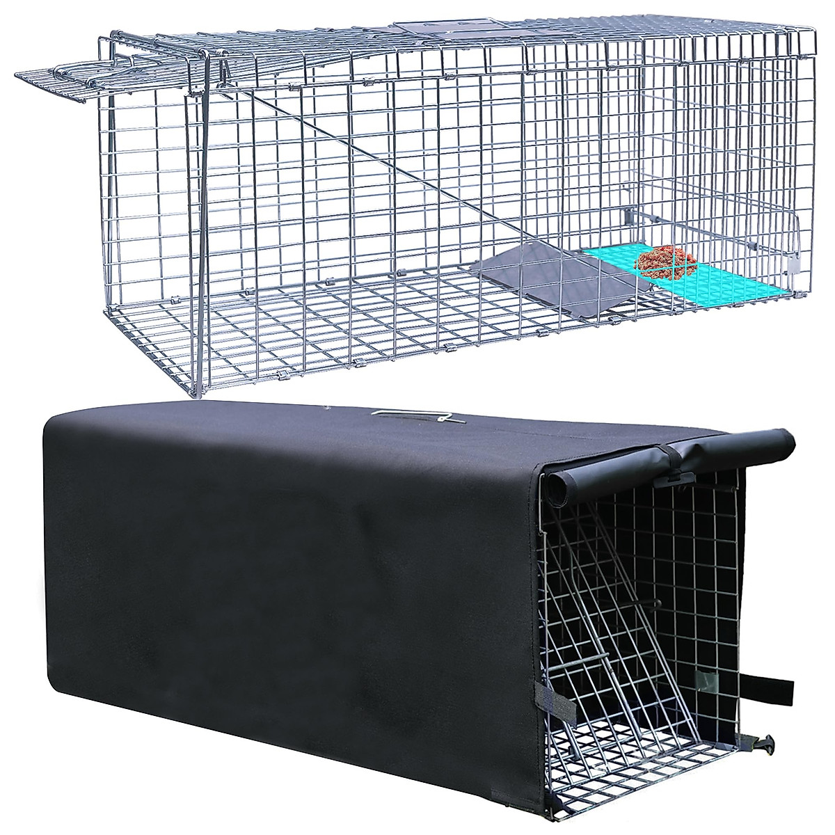 Live Animal Trap Cage with Cover, Cat Trap for Stray Cats 32 Inch Heavy Duty Folding Skunk Trap with Real Door for Raccoons, Opossums, Groundhogs, Skunks, Feral Cats, Squirrels-2 Packs