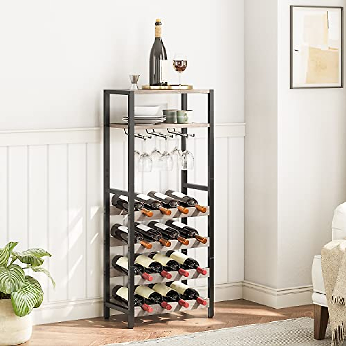 HOOBRO Freestanding Wine Rack, 16-Bottle Wine Storage Rack with Tabletop and Glass Holder, 6-Tier Bar Rack, for Kitchen, Bar, Dining Room, Greige and Black BG04JJ01