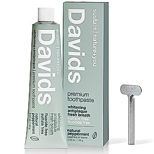 Davids Natural Toothpaste for Teeth Whitening, Peppermint, Antiplaque, Flouride Free, SLS Free, EWG Verified, Toothpaste Squeezer Included, Recycable Metal Tube, 5.25oz