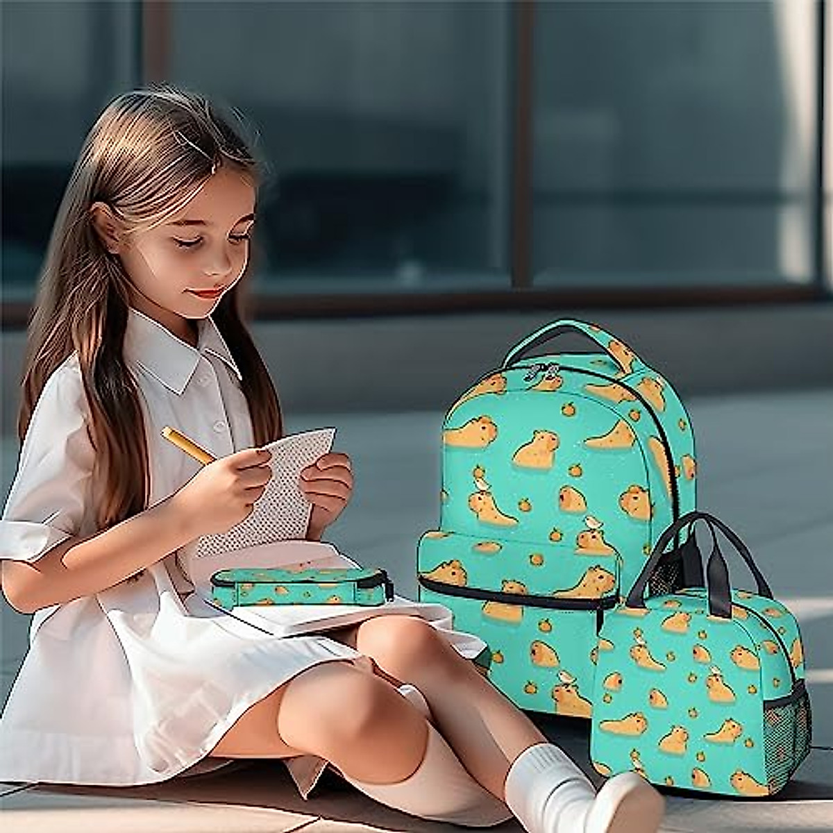 NICEFORNICE Capybara Kids Backpack with Lunch Box, Set of 3 School Backpacks Matching Combo, Cute Green Bookbag and Pencil Case Bundle