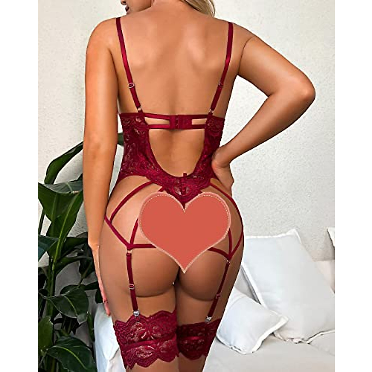 Donnalla Women Sexy Lingerie Set with Garter Belt Lace Bodysuit Teddy with Panty (Wine Red Medium)