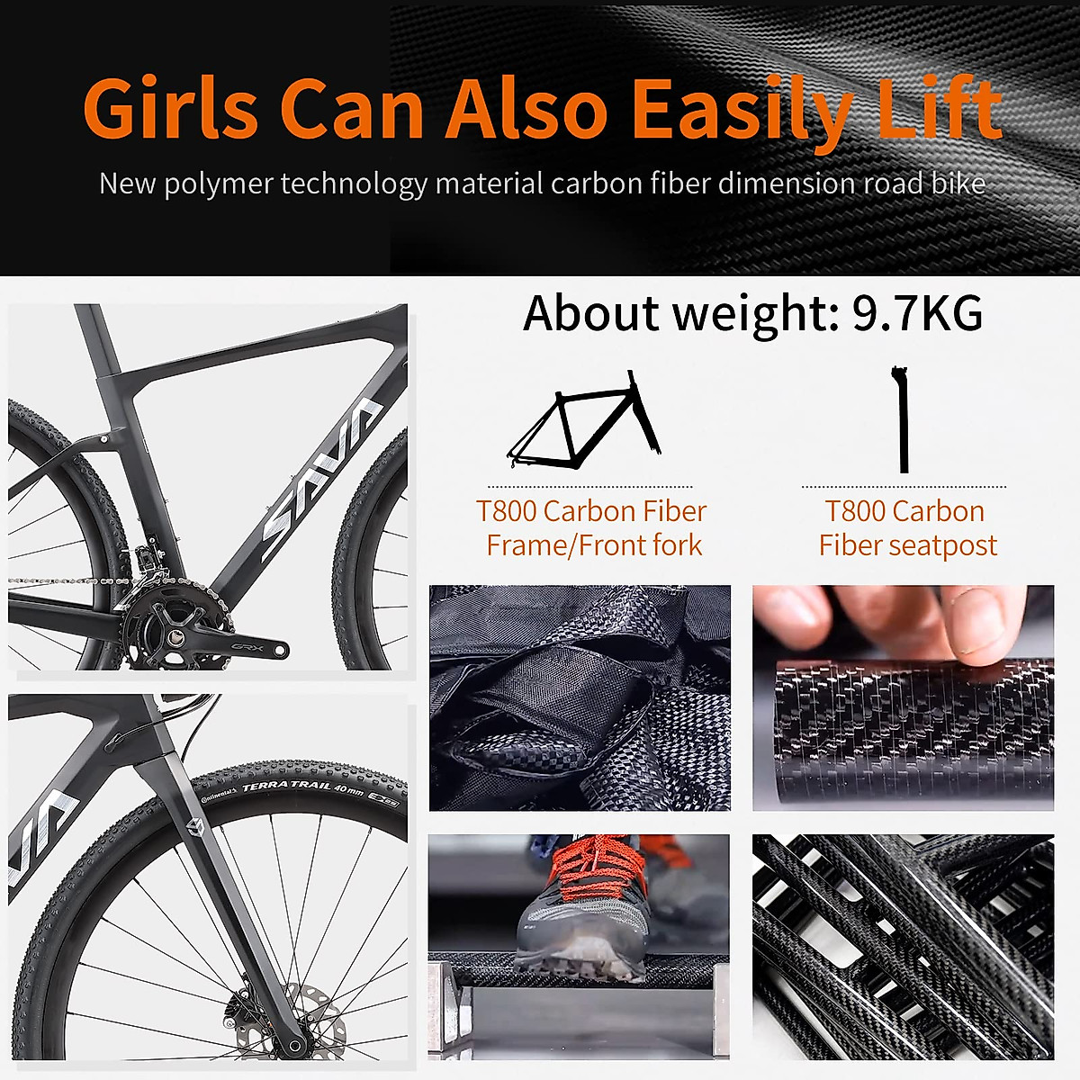 SAVADECK Carbon Gravel Road Bike,T800 Carbon Gravel Dis Brake Bicycle with Professional Adventure Shimano GRX400 20 Speed Groupset and Extra Wide Tires 700CX40C for Various Road.(Black 56cm)