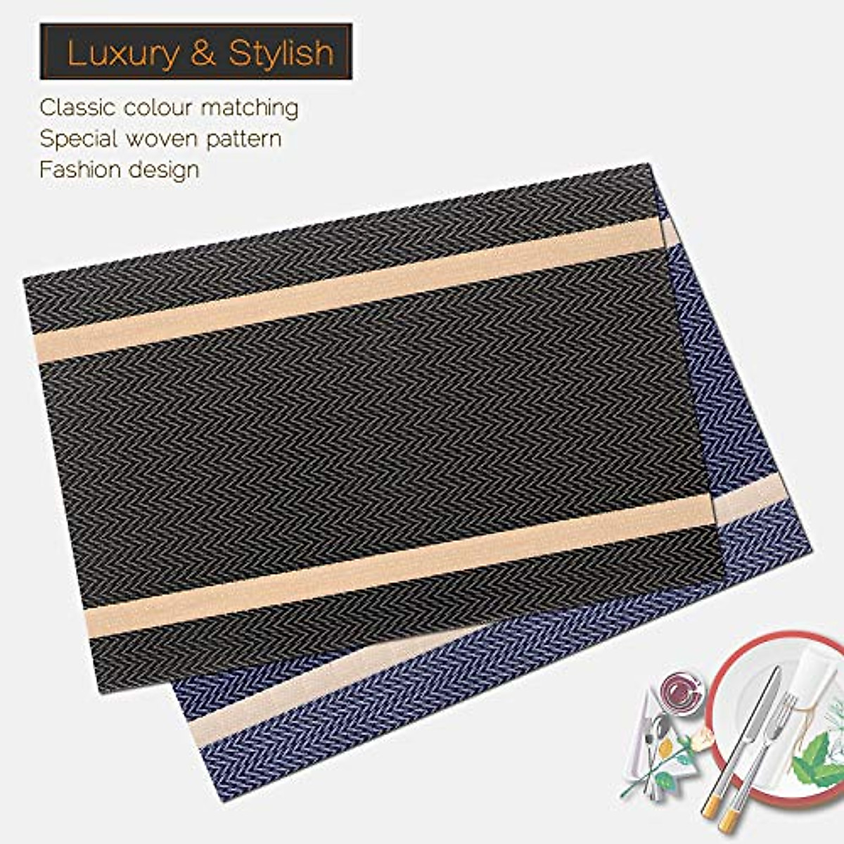 PetsHome Placemats, Washable and Heat-Resistant Table Mats, Non-Slip Woven PVC Placemats for Dining Table Sets of 4 Black