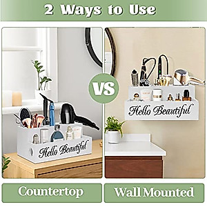 Hair Dryer Holder, Hair Tool Organizer Wall Mounted, Wood Bathroom Blow Dryer Holder and Vanity Organizer, Bathroom Countertop Organizer for Bathroom Accessories, Makeup Storage Wall Mounted(White)