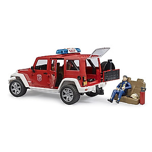 Bruder Jeep Rubicon Fire Rescue Vehicle with Electronic Emergency Siren Sounds and Fireman Figurine