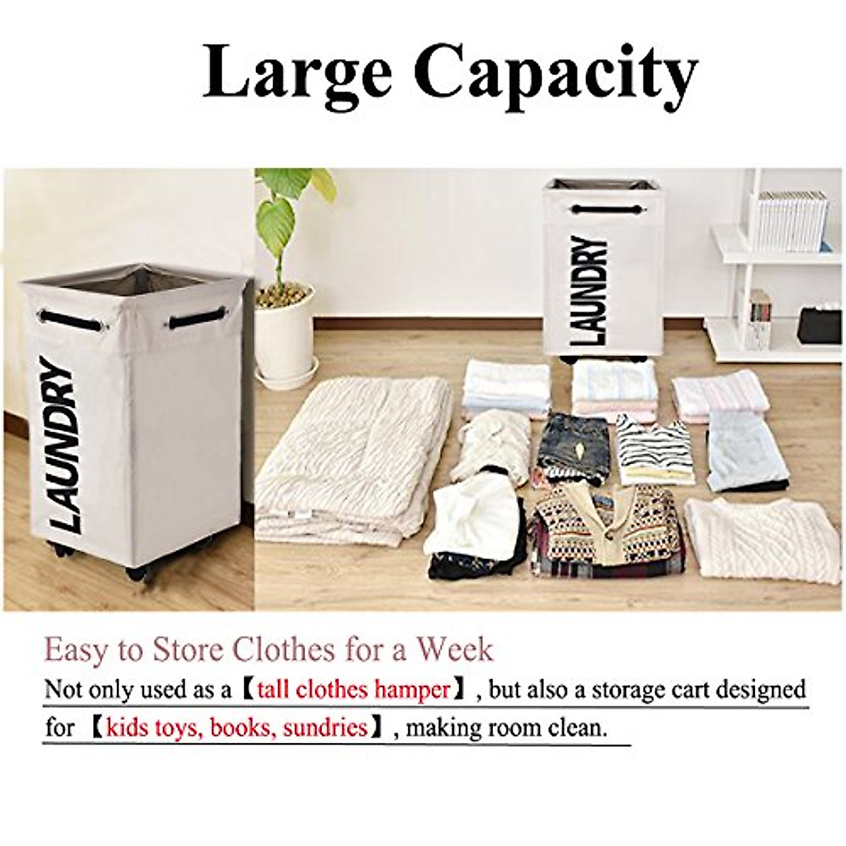 Haundry 86L Large Collapsible Laundry Hamper with Wheels, Rolling Large Clothes Hamper Basket, Wheeled Dirty Clothes Storage Bin, Beige