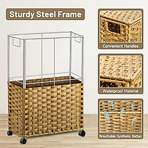70L Slim Laundry Hamper with Lid & Wheels, Rolling Laundry Basket with 2 Removable Liner Bags & 3 Mesh Bags, Narrow Dirty Clothes Basket, Foldable Handwoven Rattan Laundry Sorter, Natural