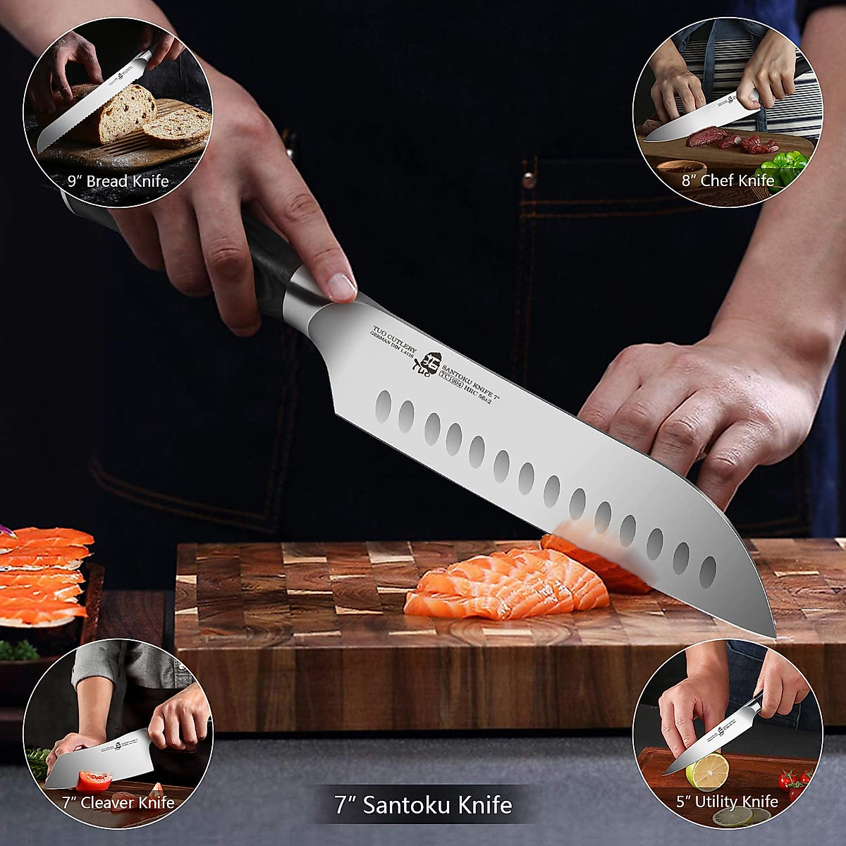 TUO 8 Pcs Chef Knife Set - Professional Knife Block Set Sharpener Steel, German Stainless Steel Ergonomic Pakkawood Handle with Gift Box, Fiery Phoenix Series - Black