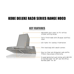 KOBE RA3836SQB-WM-5 Deluxe 36" Wall Mount Range Hood, 3-Speed, 700 CFM, LED Lights, Baffle Filters, Stainless steel