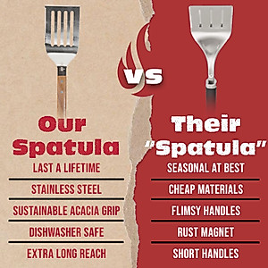 BBQ-AID Pro BBQ Metal Spatula - 17" Barbecue Spatula Stainless Steel with Serrated Knife Edge -Solid & Sturdy Turner Spatula- Acacia Wood Handle- Heavy Duty Built to Last Kitchen Spatula