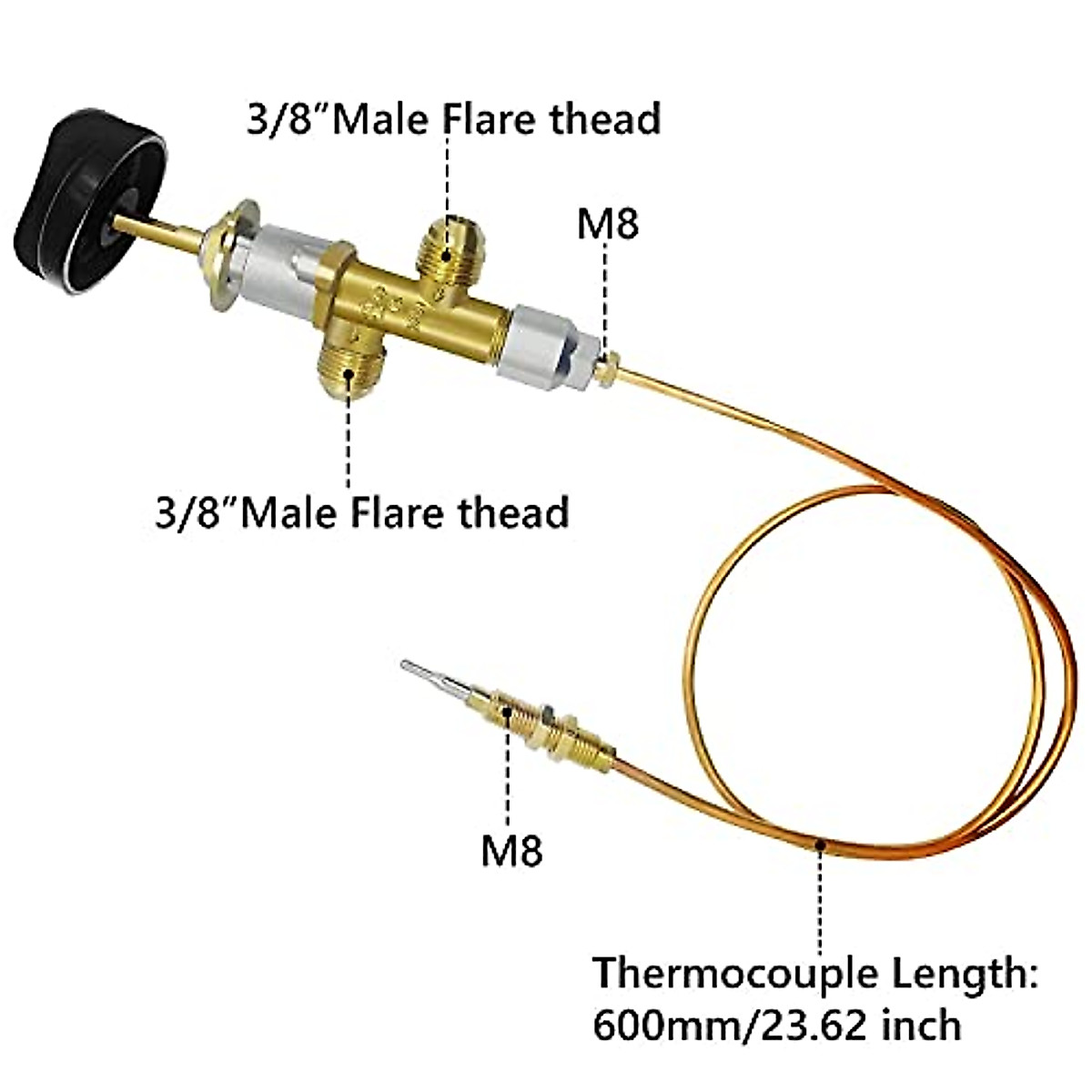 YANC Low Pressure LPG Propane Gas Fireplace Fire Pit Flame Failure Safety Control Valve Kit with 3/8" Flare Inlet & Outlet, Thermocouple Knob Switch, Seal Tape, Replacement Parts for Gas Grill, Heater
