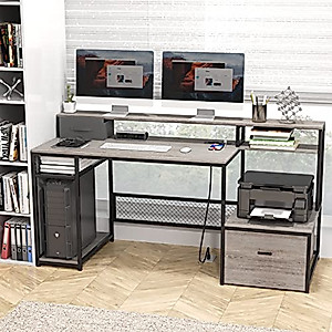 AYEASY Home Office Desk with Monitor Stand Shelf, 66 inch Large Computer Desk with Power Outlet and USB Charging Port, Computer Table with Drawers and Storage Shelves, Study Writing Desk, Wash Gray