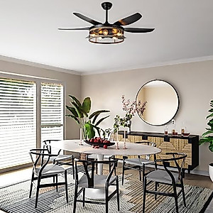 Ohniyou Farmhouse Ceiling Fan with Lights and Remote,52 inch Rustic Ceiling Fan with Caged Light Fixture, Retro Black Outdoor Ceiling Fans for Patio,Living Room,Dining Room,Bedroom