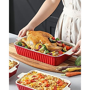 MALACASA Casserole Dishes for Oven, Porcelain Baking Dishes, Ceramic Bakeware Sets of 4, Rectangular Lasagna Pans Deep with Handles for Baking Cake Kitchen, Red (9.4"/11.1"/12.2"/14.7"), Series BAKE.BAKE