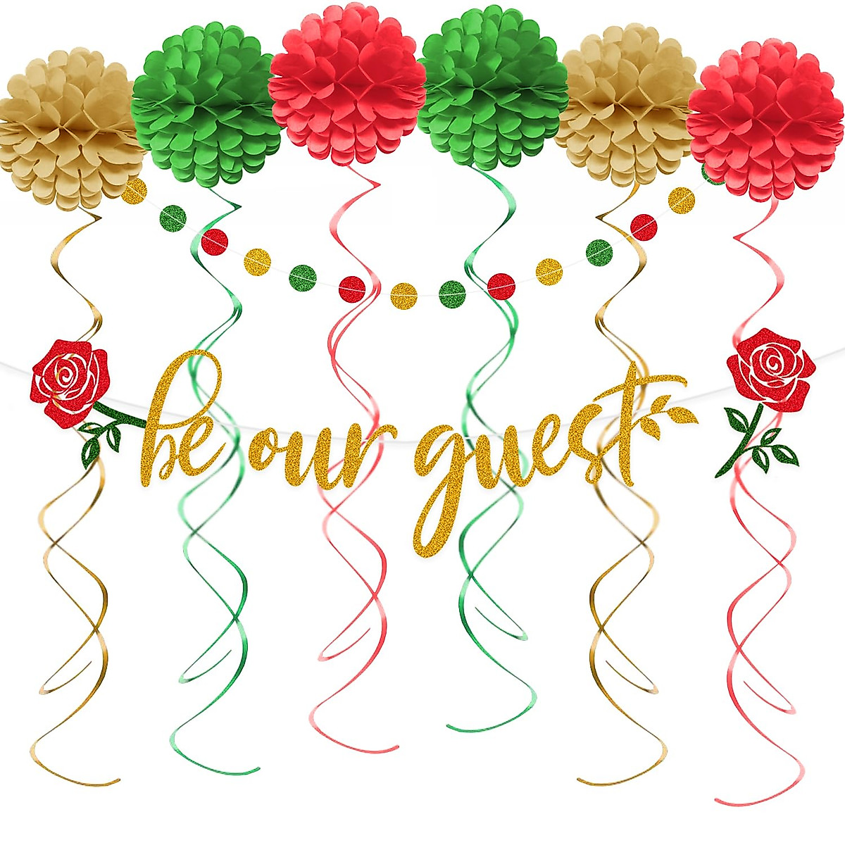 Aonor Beauty And The Beast Party Supplies - Be Our Guest Banner Sign, Pom Poms Flowers, Circle Dots Garland and Swirls for Bridal Shower, Engagement Party Decorations, Beauty And The Beast Decor