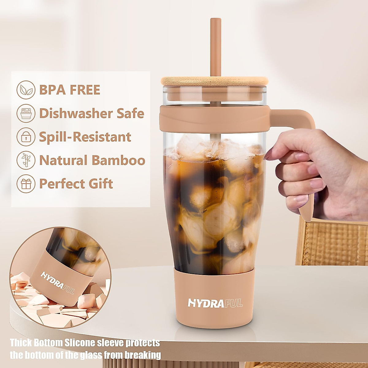Hydraful 40 oz Glass Tumbler with Handle, Reusable Glass Tumbler with Straw and Lid, BPA Free Clear Glass Tumbler with Bamboo Lid, Fits In Cup Holder, Dishwasher Safe, Amber