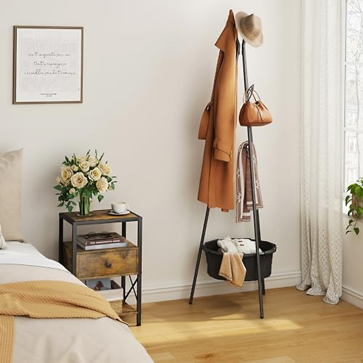 Tajsoon Coat Rack Stand, Coat Tree with Storage Basket and 9 Hooks, Coat Rack Freestanding for Bedroom, Hallway, Office, Coat Hangers Stand for Clothes, Scarves, Hats, Bags, Black