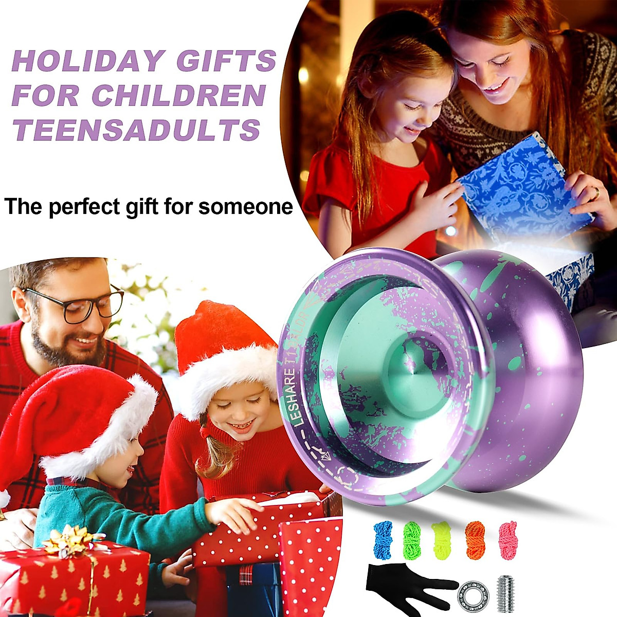 JOLESHARE Professional Unresponsive Yoyo for Pros and Responsive Yoyos for Kids Beginners, Package Includes Replaceable Responsive Bearings, yo-yo Gloves, and 5 yo-yo Cords(Purple Green)