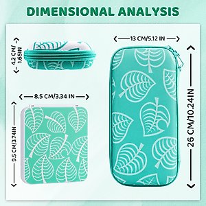 FUNDIARY Green Travel Carrying Case for Nintendo Switch and Switch OLED with Animal Crossing Leaf Design, Shockproof Accessories with Portable Storage Bag, Game Card Case, Handle Strap & 2 Thumb Caps