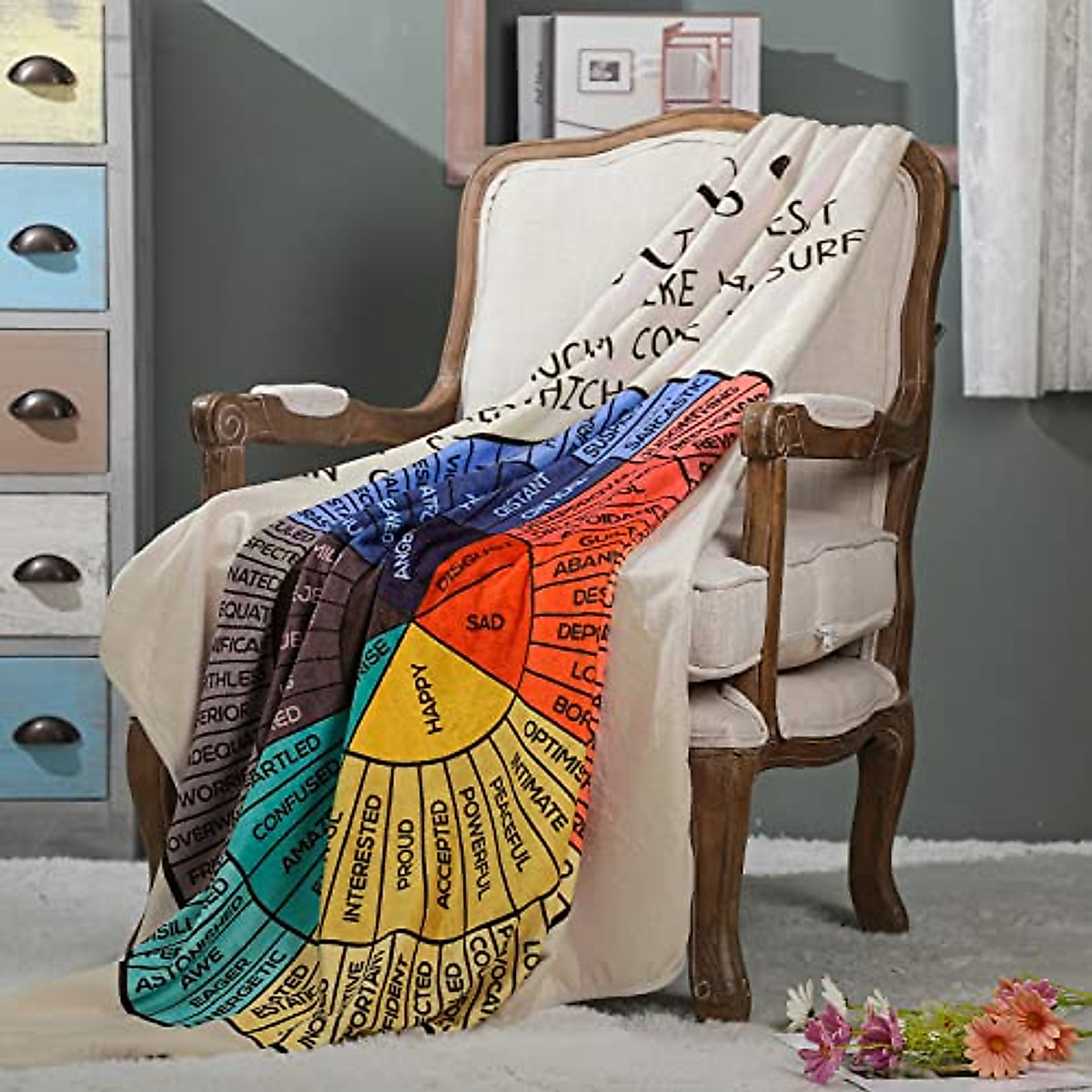 Feelings Wheel Blanket 60 x 50 Inch Wheel of Emotions Blanket Emotions Feelings Chart Wheel Flannel Throw Blanket Counselor Therapy Blanket Mental Health Gifts for Adults Kids Couch Bed Sofa