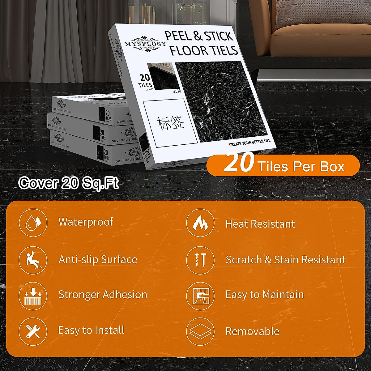 Mysflosy Peel and Stick Floor Tiles, Self Adhesive Waterproof Vinyl Flooring, 12''x12'' Dark Jade Black DIY Floor Sticker for Kitchen, Bathrooms & Bedroom, 1.5mm Thickness, 20 Tiles