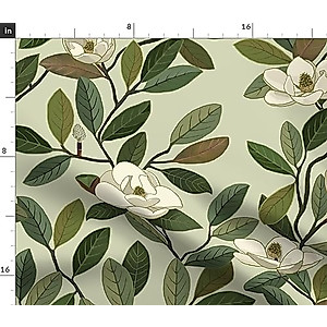 Spoonflower Fabric - Magnolia Blooms Green White Flowers Botanical Floral Printed on Petal Signature Cotton Fabric by The Yard - Sewing Quilting Apparel Crafts Decor