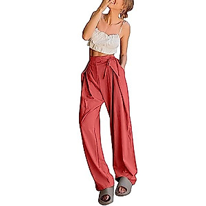 LYANER Women's Casual Tie Side High Waist Wide Leg Palazzo Pants with Pockets Rust Red Medium