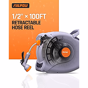 FIILPOW 1/2 Inch 100 FT Retractable Garden Hose Reel, Slow & Safe Return System, Water Hose Reel with Brass Connector, Double Lock Design, 8 Patterns Nozzle, 180° Swivel for Garden Watering