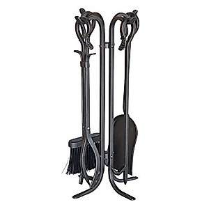 Plow & Hearth 5 Piece Hand Forged Iron Compact Fireplace Tool Set | Poker | Tongs | Shovel | Broom | Hearth Accessory| Black Finish | 10.25" x 20"H