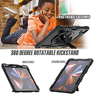 Herize Case Compatible with iPad Pro 12.9 inch 6th/5th/4th Generation with Screen Protector Pencil Holder | Full Body Shockproof Rugged Protective Rubber Case W/Stand Strap | Black