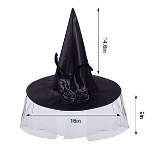 hoyuwak Black Witch Hat for Women Halloween Feather Witch Hat with Veil Roses Mesh Wizard Accessories for Women Girls Costume Dress Up Masquerade Cosplay