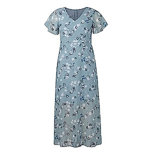 Church Dresses For Women 2023, Floral Dress Flowy Summer Women Sundresses Casual Long Women's Swing Dress Chiffon Short Sleeve Ruffle V Neck Fashion Waist Dress Vacation Dresses (M, Light blue) WSHEMV