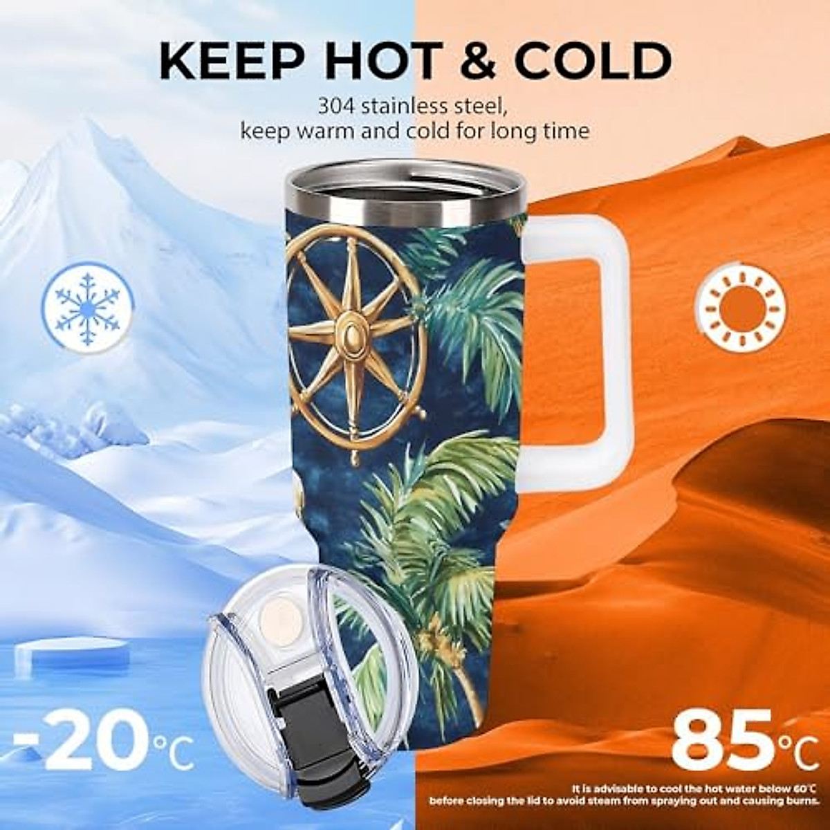 Skull Sailing Ship Parrot Coconut Tree 40oz Water Bottle Double Wall Insulated Tumbler with Handle Leakproof Travel Mug White-style