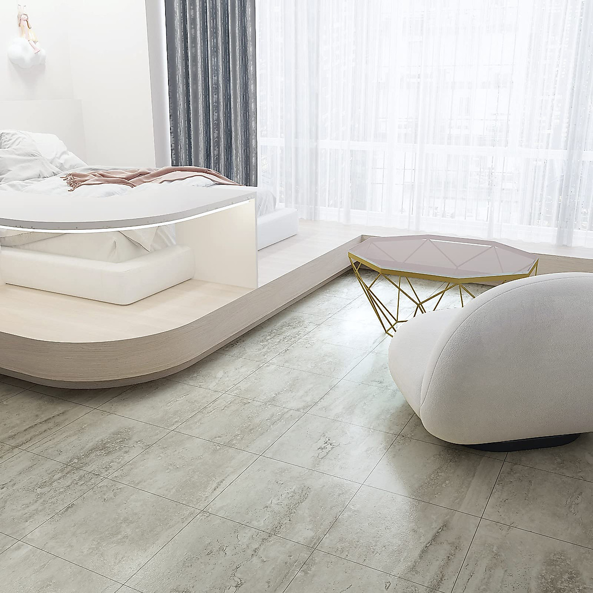 VEELIKE Travertine Peel and Stick Floor Tile - Waterproof Beige Vinyl 12''x12'' 4 Pack - Marble Stick-On Laminate for Bathroom Kitchen - Adhesive Temporary Flooring for Renters