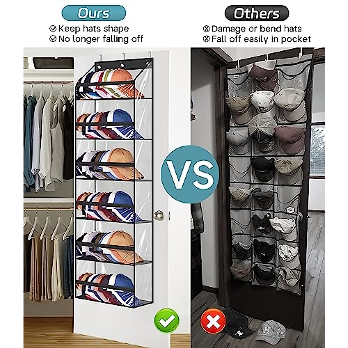 AOODA Clear Over the Door Hat Racks for Baseball Caps, Large Holds up to 72 Caps Hat Storage Organizer for Closet Wall, Deep Pockets Hanging Hat Holder with 3 Hooks, Black