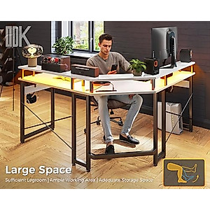 ODK L Shaped Gaming Desk with LED Lights & Power Outlets, 51" Computer Desk with Full Monitor Stand, Corner Gaming Table with Hooks & Cup Holder, White