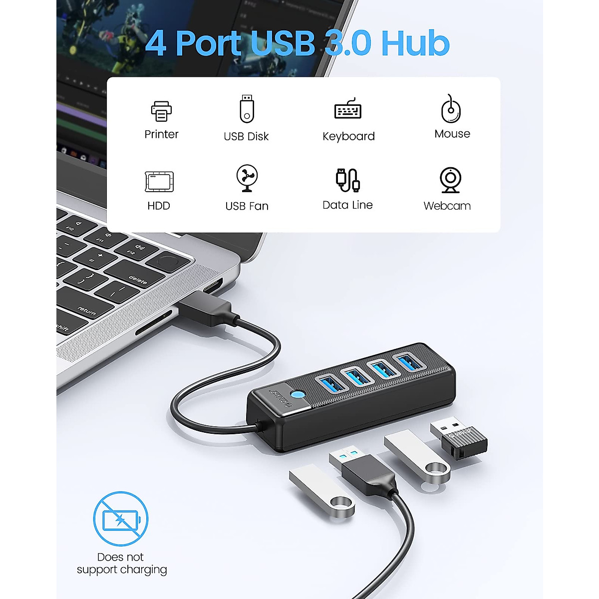 ORICO 4-Port USB HUB 3.0, USB Splitter for Laptop with 0.49ft Cable, Multi USB Port Expander, Fast Data Transfer Compatible with Mac OS 10.X and Above, Linux, Android-Black