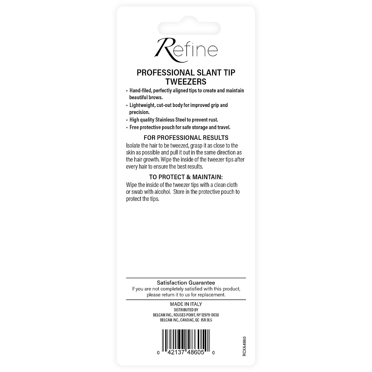 REFINE - Italy - Professional Precision Slant Tip Tweezers, Stainless Steel, 3.75", 1 Count