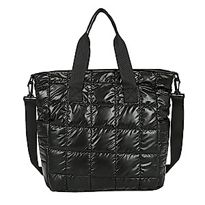 Large Quilted Tote Bag with Zip for Women Lightweight Winter Down Cotton Padded Plaid Shoulder Bags Quilted Bags Down Padding Handbags