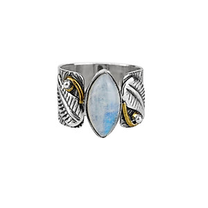 YoTreasure Rainbow Moonstone Solid 925 Sterling Silver Brass Wide Band Boho Ring