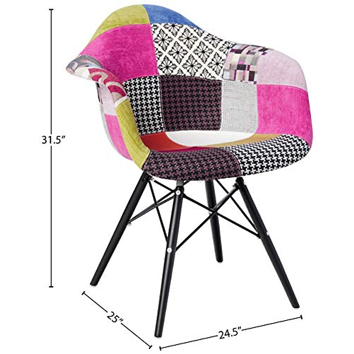 2xhome Mid Century Modern Arm Chair with Black Wood Legs, Patchwork A Fabric