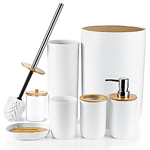 Otostar Bamboo Bathroom Accessory Set 6 Piece Bathroom Accessories Set Plastic Gifts Bath Set with Toothbrush Holder Soap Dispenser Qtip Holder Tumbler Soap Dish Toilet Brush Holder Trash Can (White)