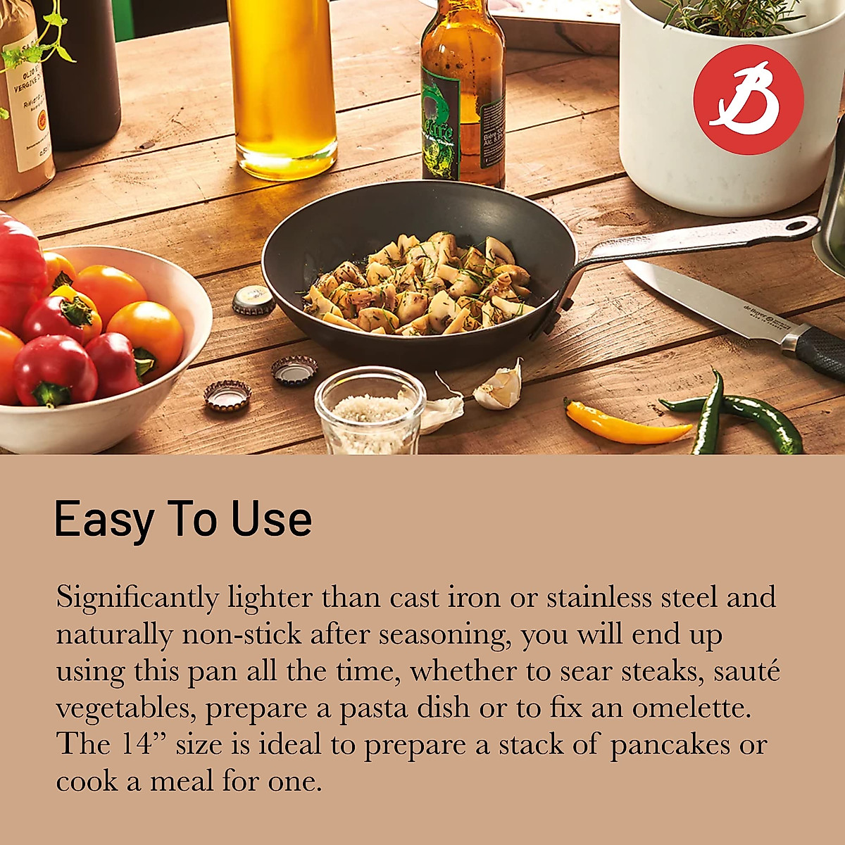 de Buyer LA LYONNAISE Blue Carbon Steel Fry Pan - 14” - Ideal for Browning, Simmering, Searing & Reheating - Naturally Nonstick - Made in France