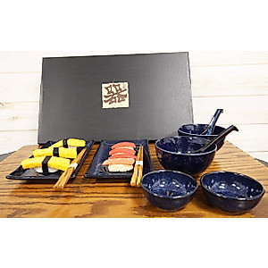 Ebros Gift Japanese Mino Ware Tombo Dragonfly Blue Porcelain Sushi Dinnerware 10pc Set For 2 People Pairs of Sushi Plates Soup And Sauce Bowls Bamboo Chopsticks Asian Soup Spoons Housewarming Gift