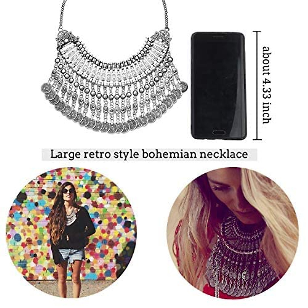 MJartoria Statement Necklace for Women, Boho Collar Choker Coin Tassel Ethnic Gypsy Chunky Necklace Antique Silver Color Bib Festival Halloween Carnival Jewelry Fitout Costume