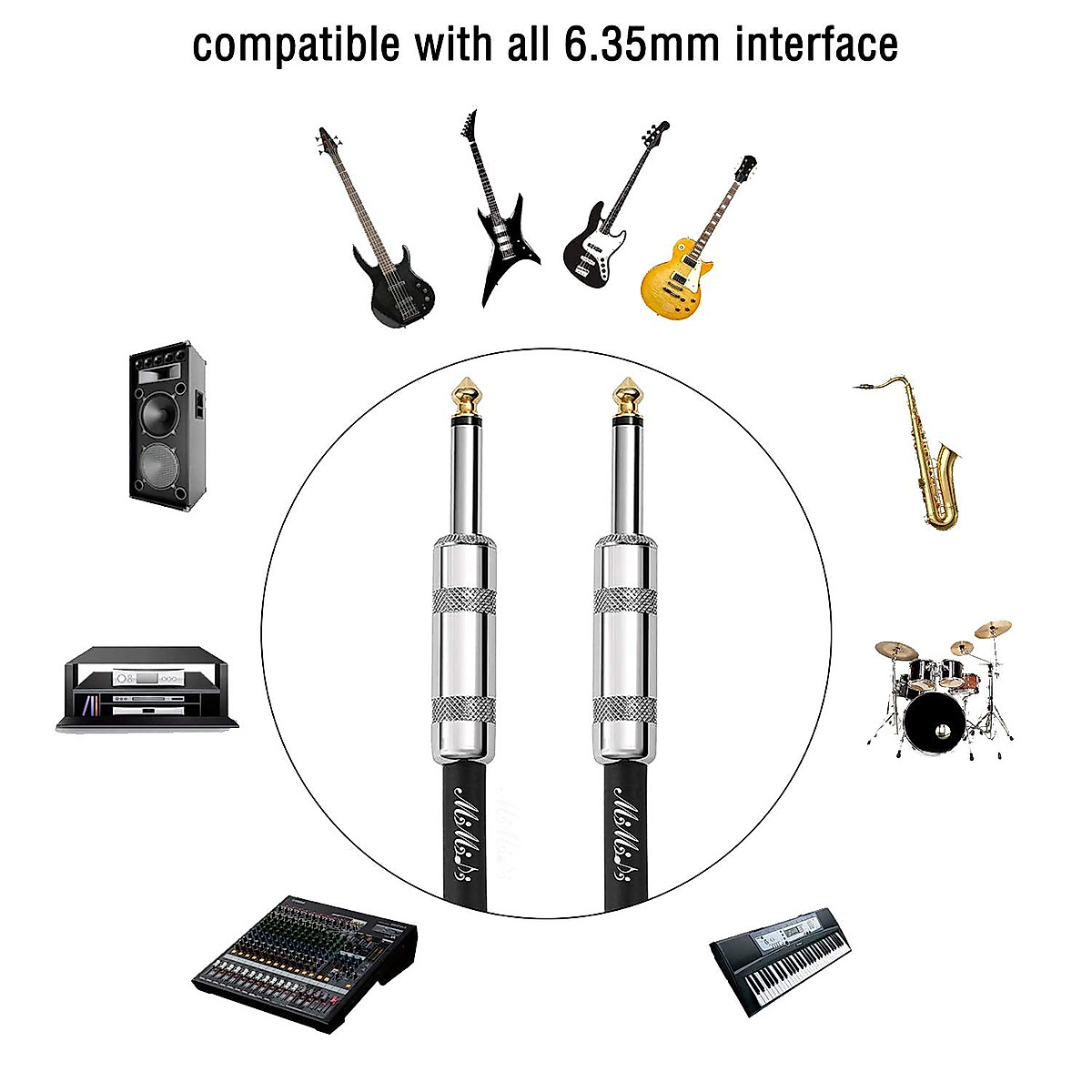 Guitar Instrument Cable 1/4 inch Color Tweed Jacket Instrument Cable 10 ft for Electric Guitar, Bass Guitar, Electric Mandolin- Single (Black+Straight)